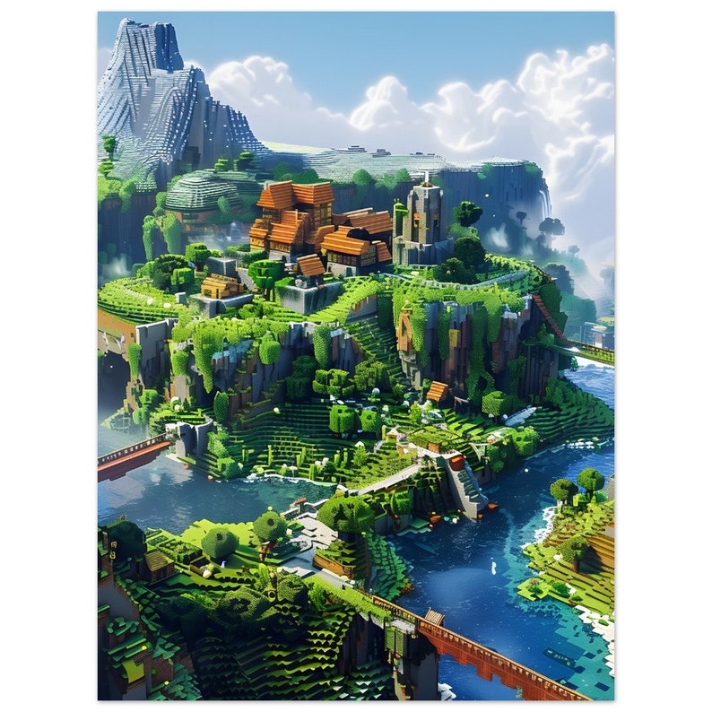 Mountain Village Minecraft Poster Scenic Landscape Print Waterfront ...