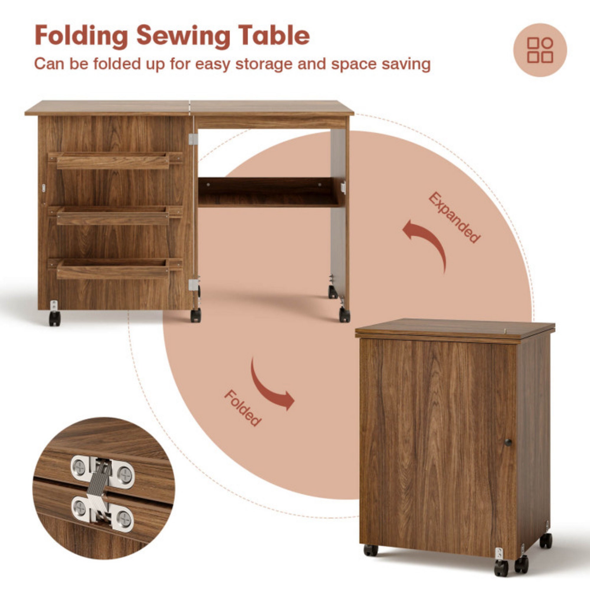 Folding Sewing Craft Table Shelf Storage Cabinet Home Furniture, Brown ...