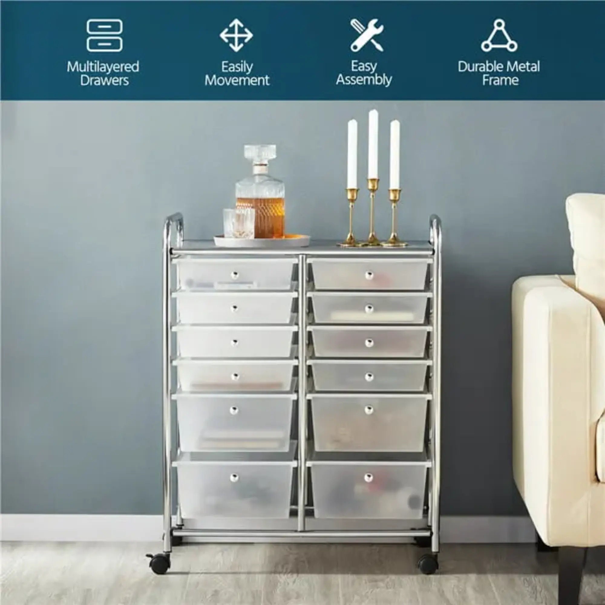 12 Drawers Rolling Storage Cart Organizer With Lockable Wheels, White ...