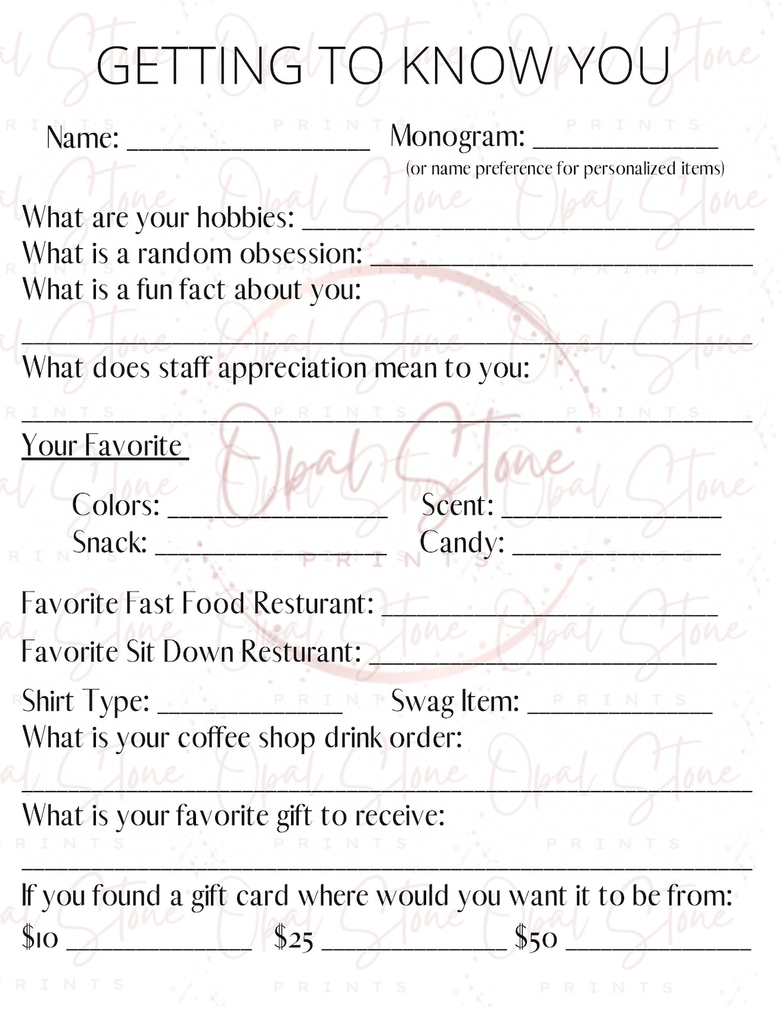 Get to Know You Form PDF - Etsy