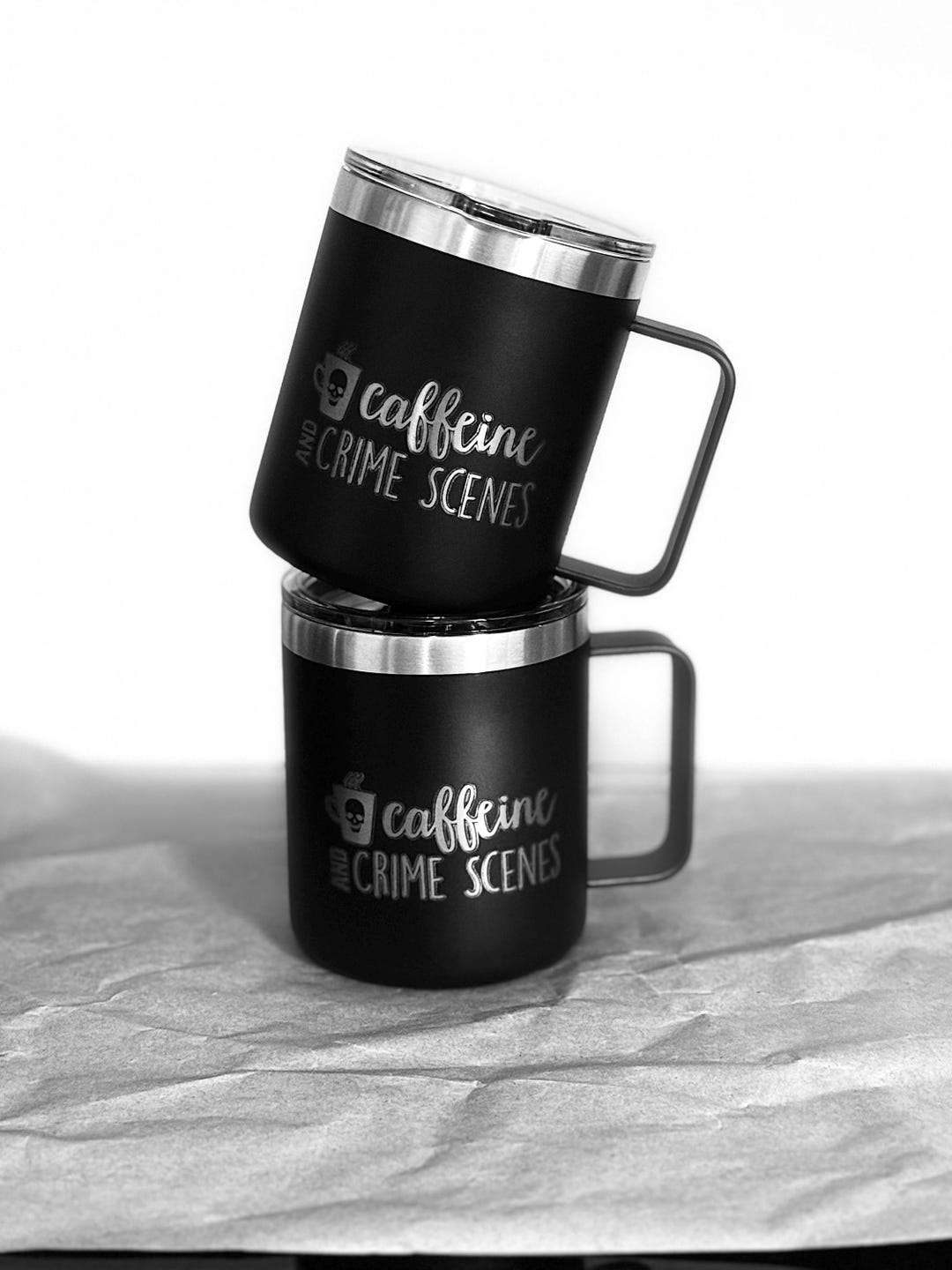 Caffeine and Crime Scenes Mug: Laser Engraved Stainless Steel Tumbler ...