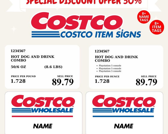 Costco Party | Costco Item Signs | Costco Birthday Party | Customizable Costco Price Sign Canva ...