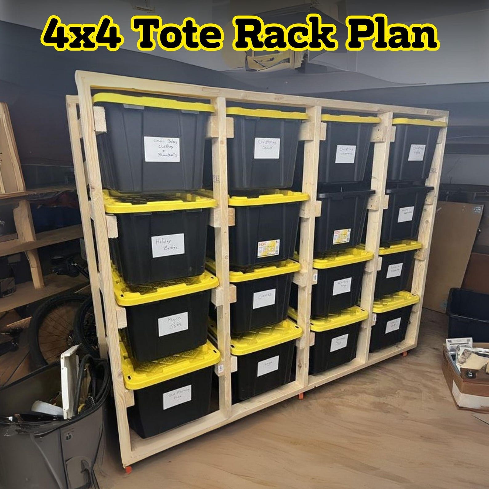 27 Gallon Bin Rack 4x4 | 16 Totes Gallon Storage Plan | DIY Storage ...