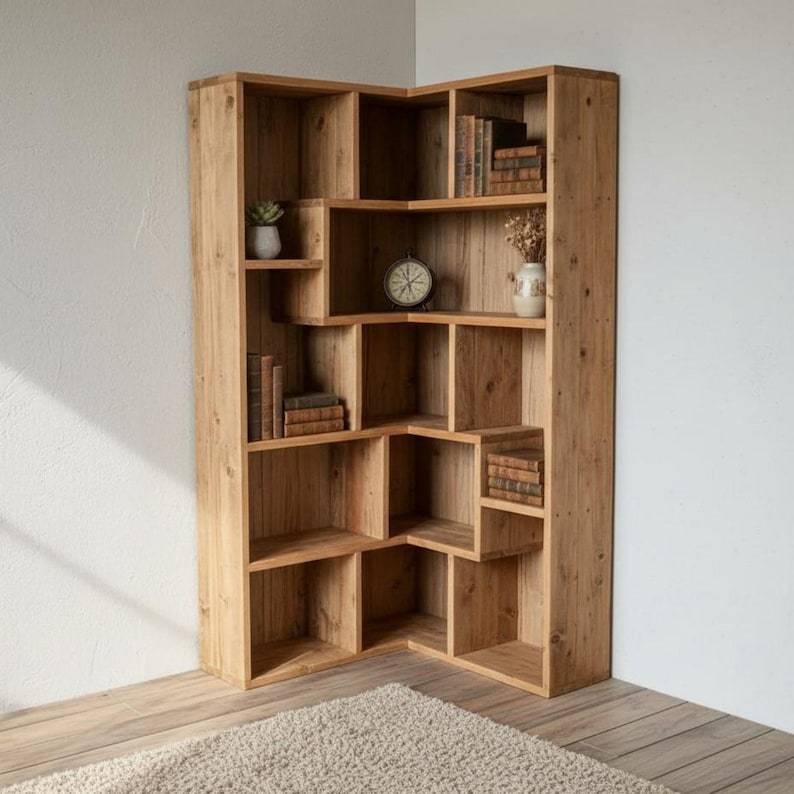 DIY Corner Bookshelf Plans PDF | Artistic Triangle Wall Shelf | Space ...