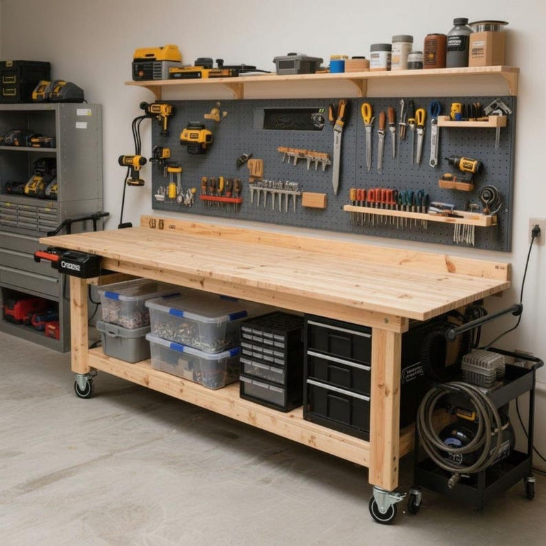 DIY Extra-long Mobile Workbench Plans | Garage Workstation (digital ...
