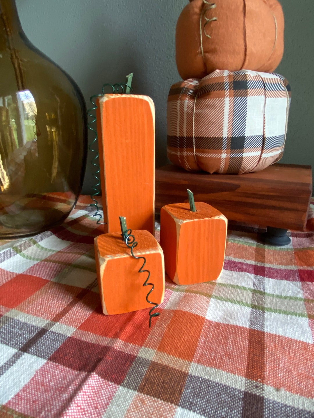 Set of 3 Wooden Pumpkins With Stems 3 Different Sizes Orange Autumn ...