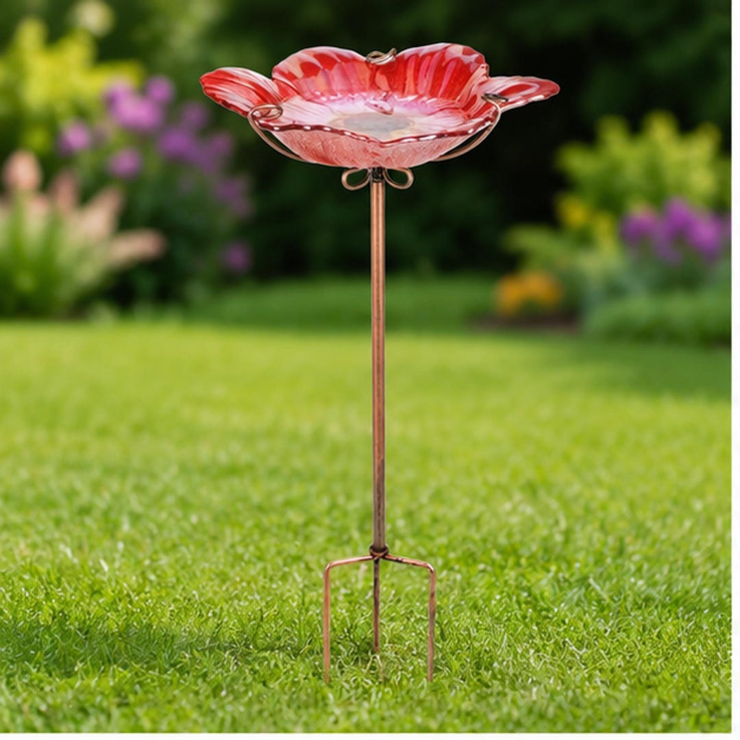 Handmade Flower Glass Bird Bath With Metal Stake, Garden Yard Decor (26 ...