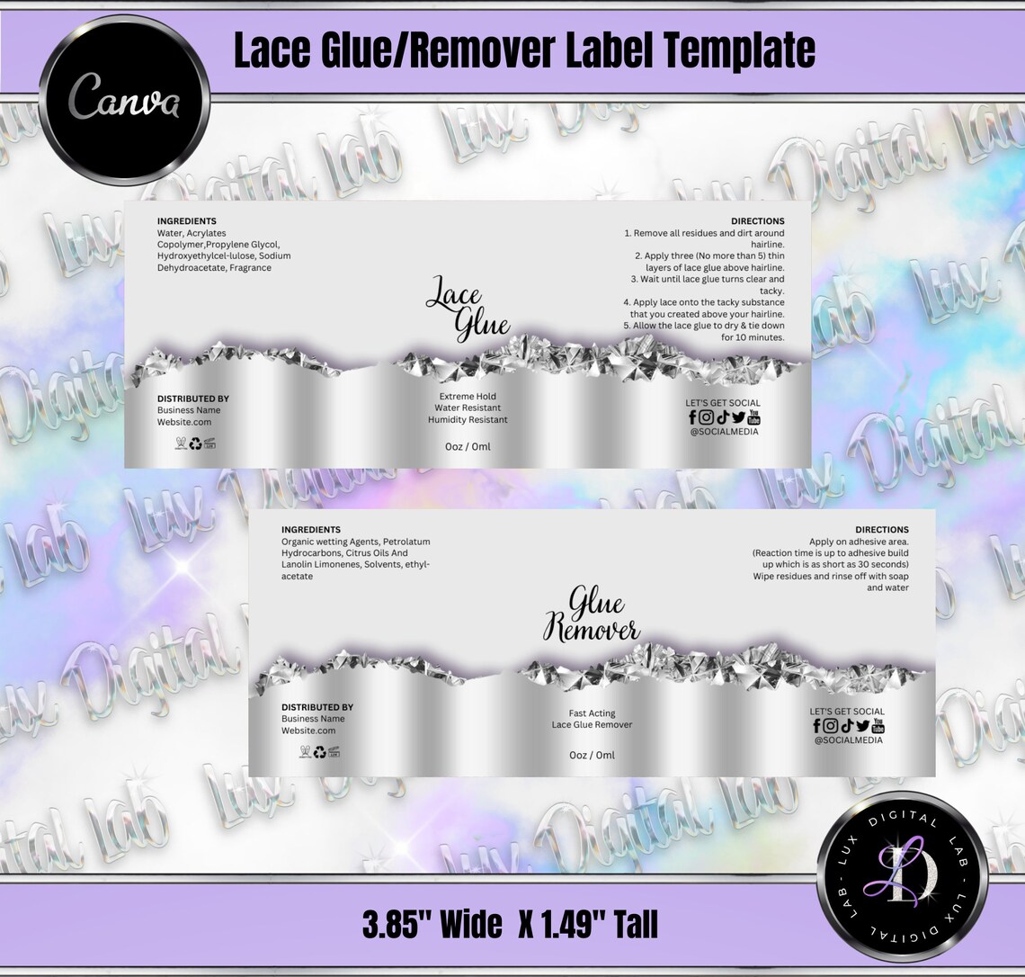 Silver Crystals Editable Lace Glue Label Template - Etsy