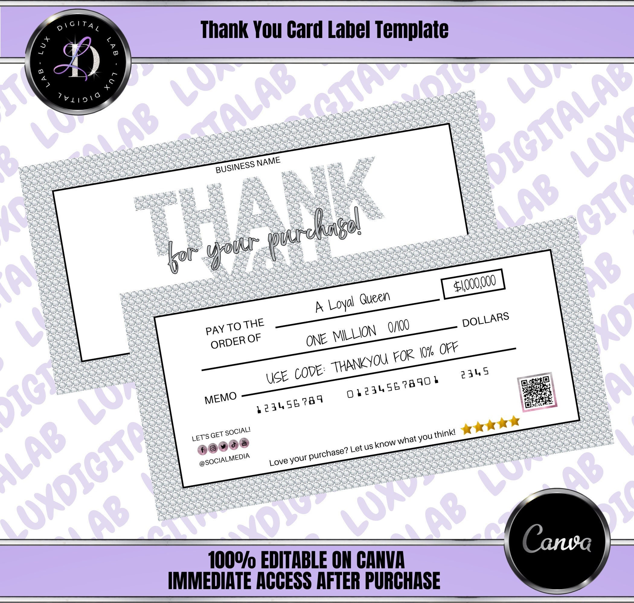 Diamond Check Thank You Card Template - Etsy