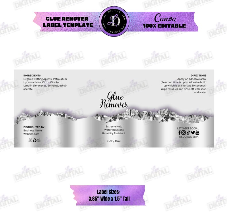Silver Crystals Editable Lace Glue Label Template - Etsy