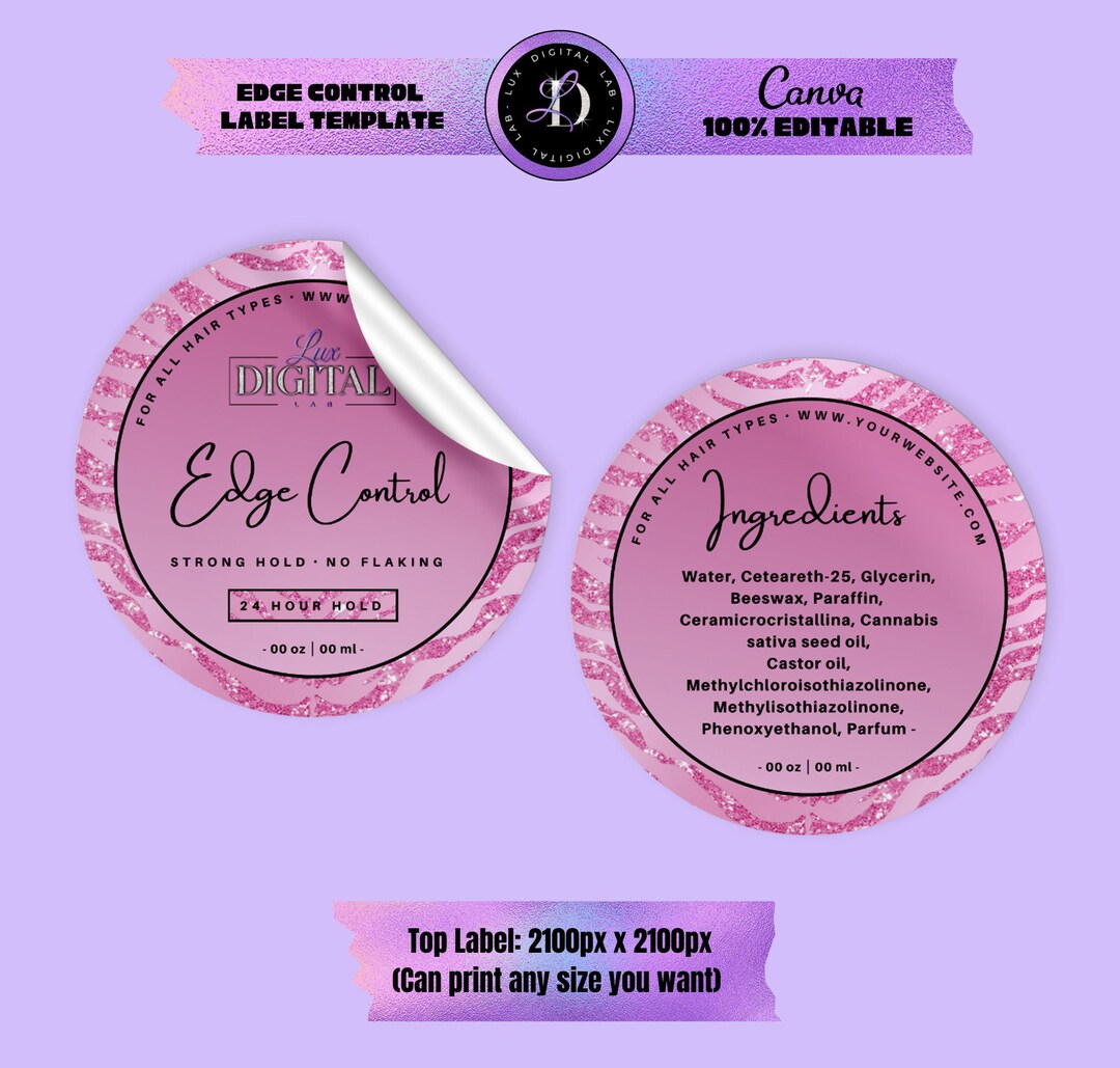 Pink Glitter Zebra Print EDGE CONTROL Label Template - Etsy