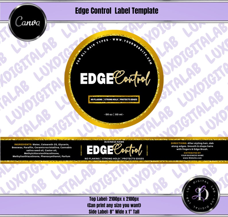 Gold & Glitter Edge Control Label Template - Etsy