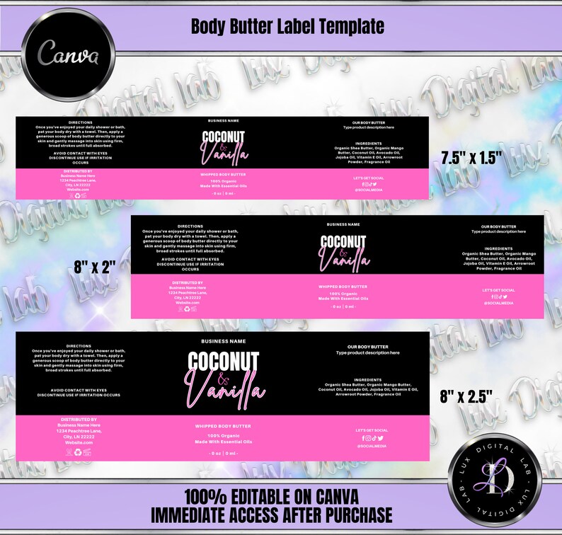 Pink & Black Body Butter Label Template - Etsy