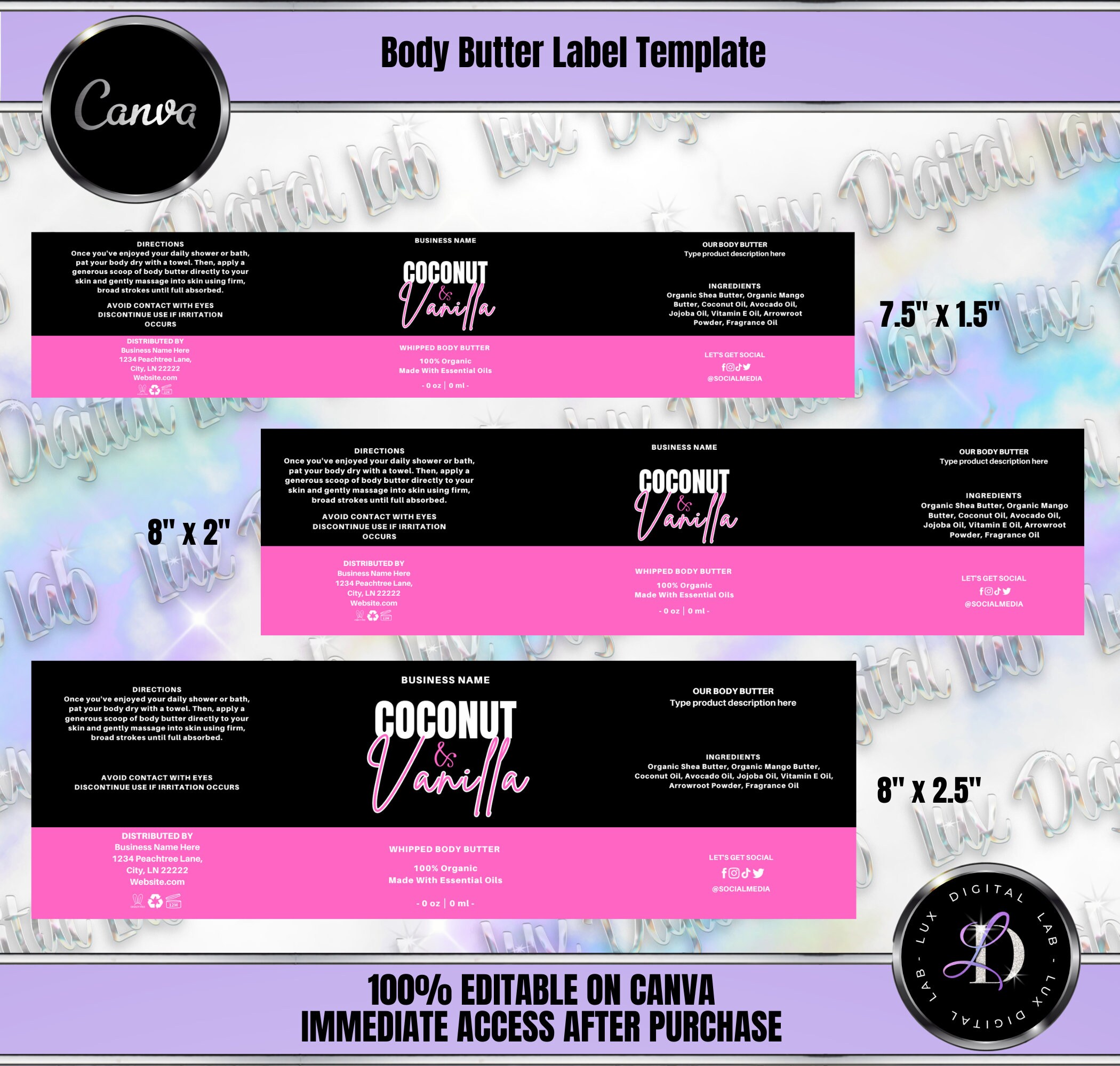 Pink & Black Body Butter Label Template - Etsy