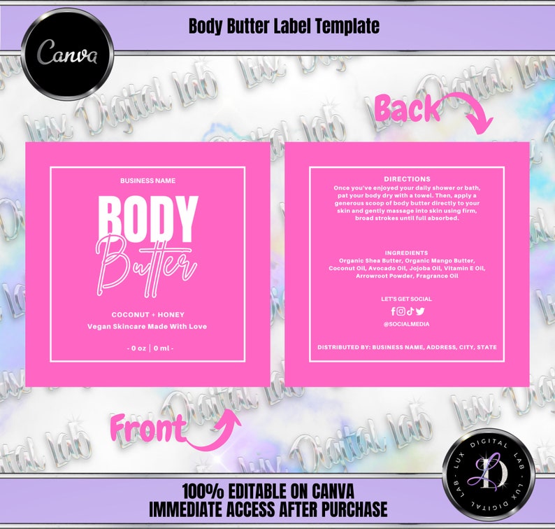 Editable Pink Body Butter Label Template - Etsy