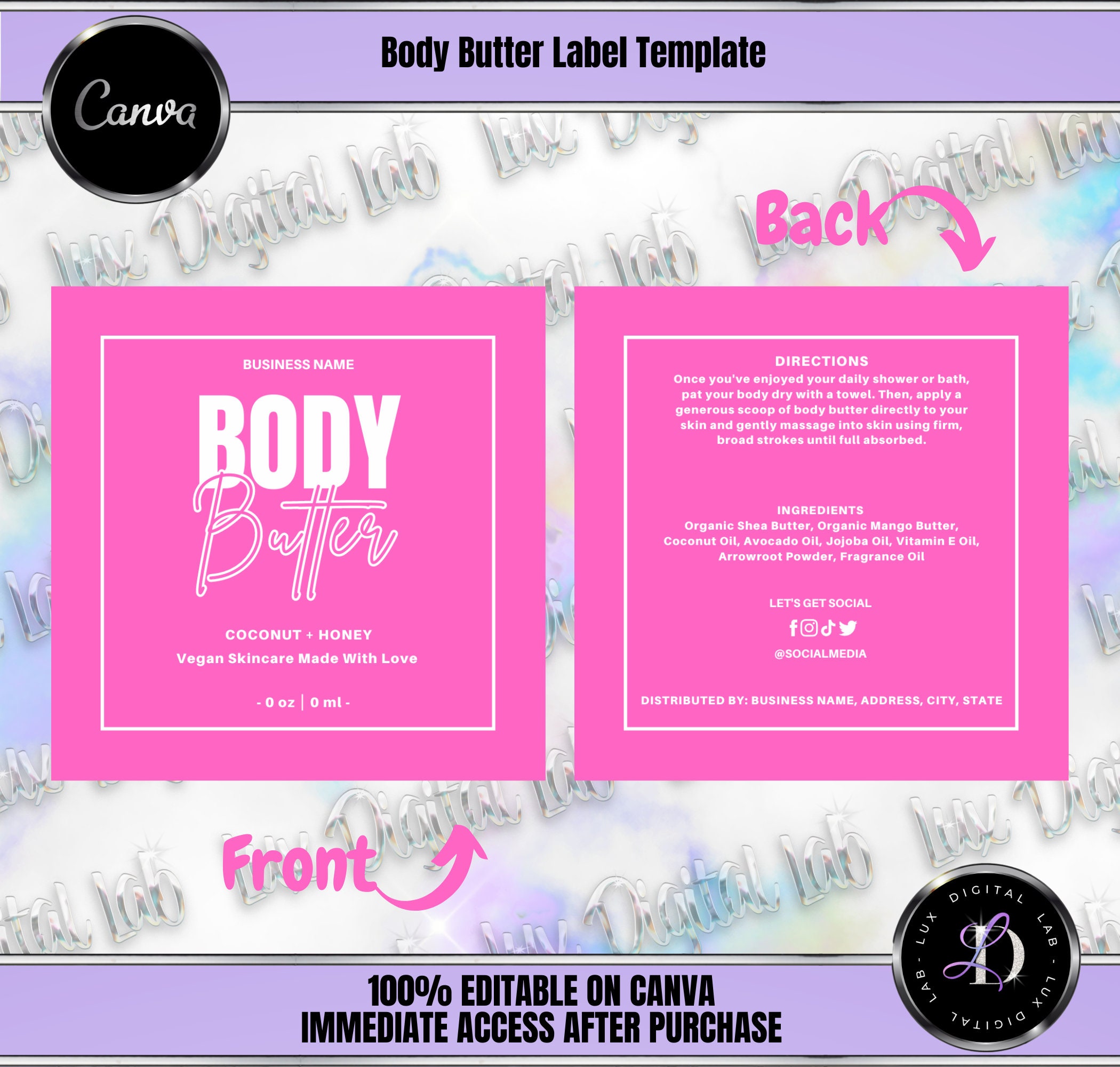Editable Pink Body Butter Label Template - Etsy