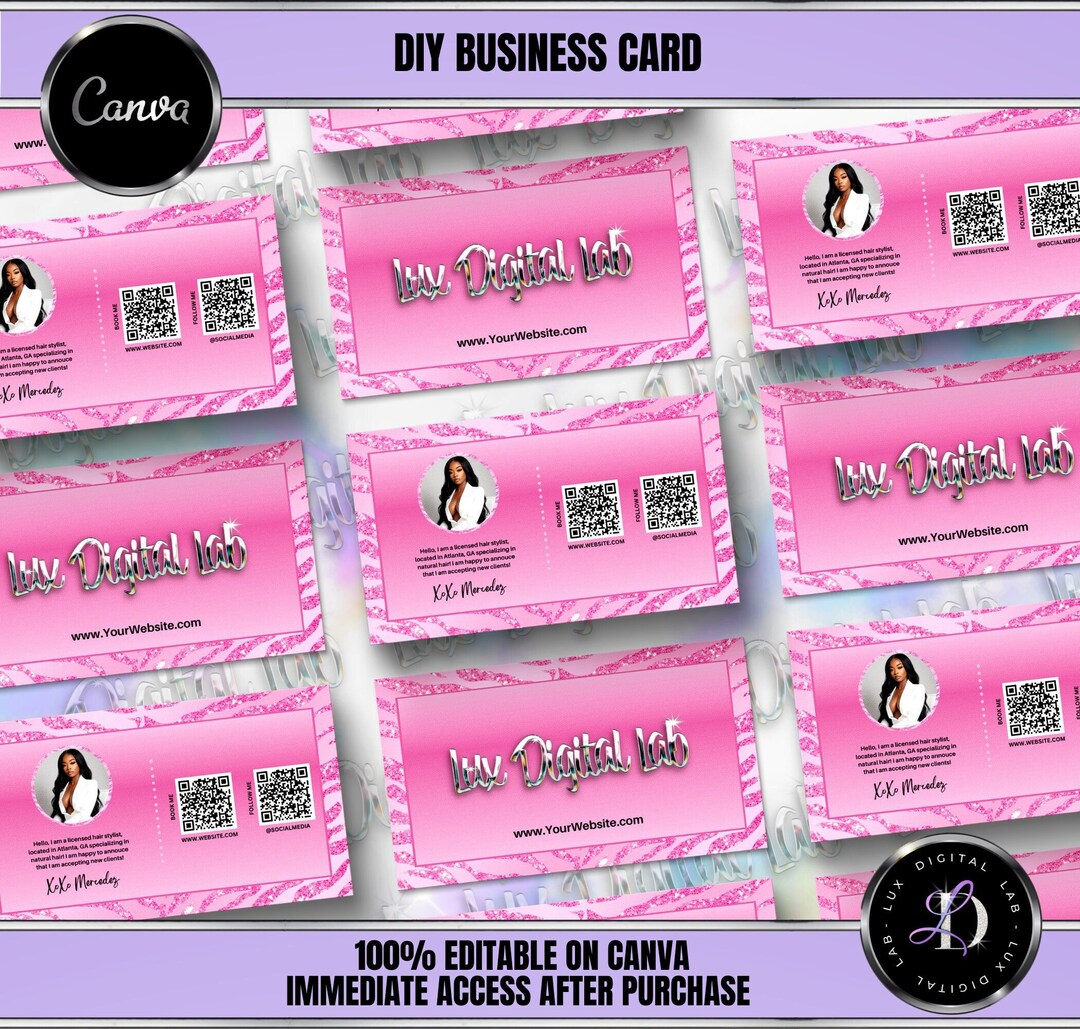 Pink Glitter Zebra Print Editable Business Card Template - Etsy