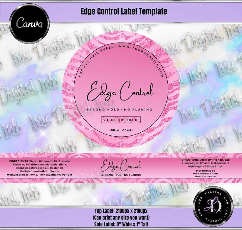Pink Glitter Zebra Print EDGE CONTROL Label Template - Etsy