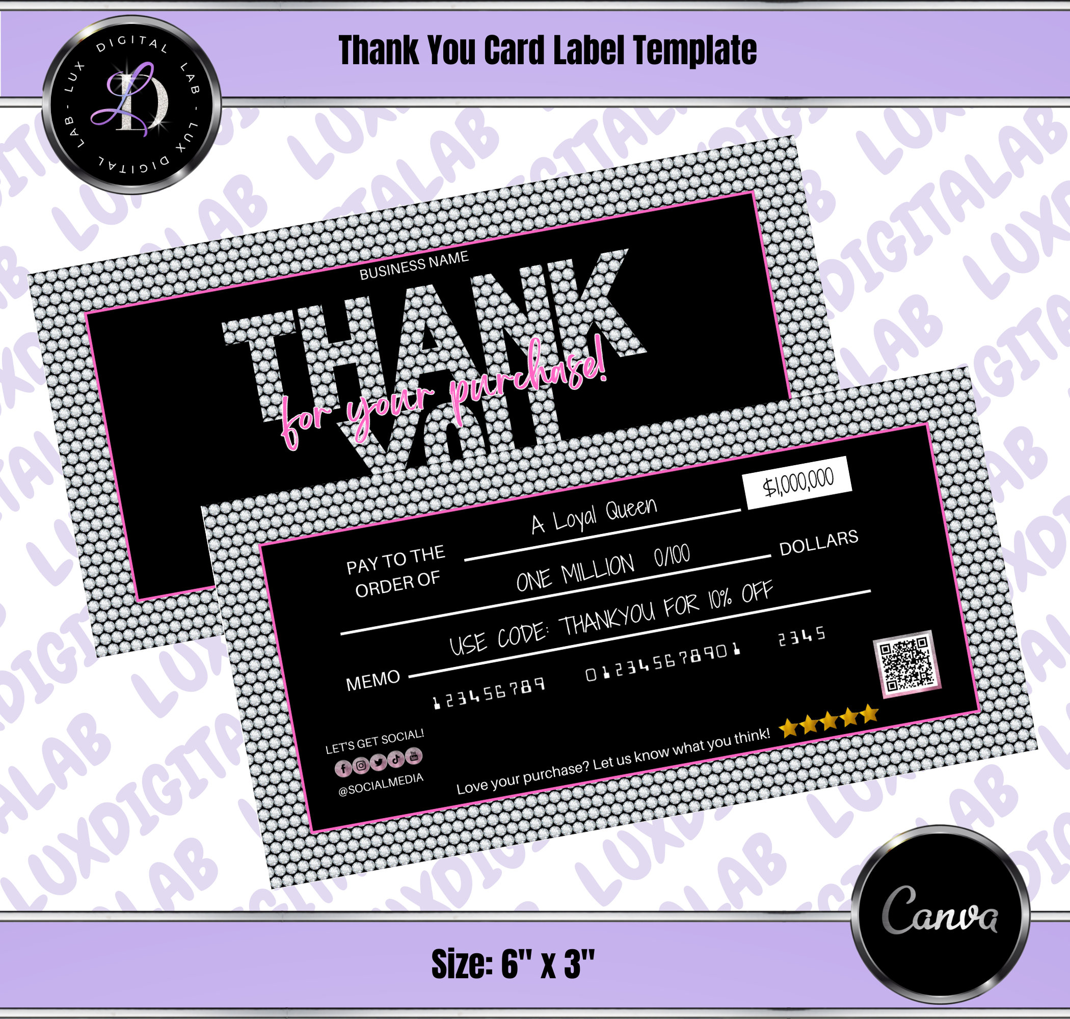 Diamond Check Thank You Card Template - Etsy