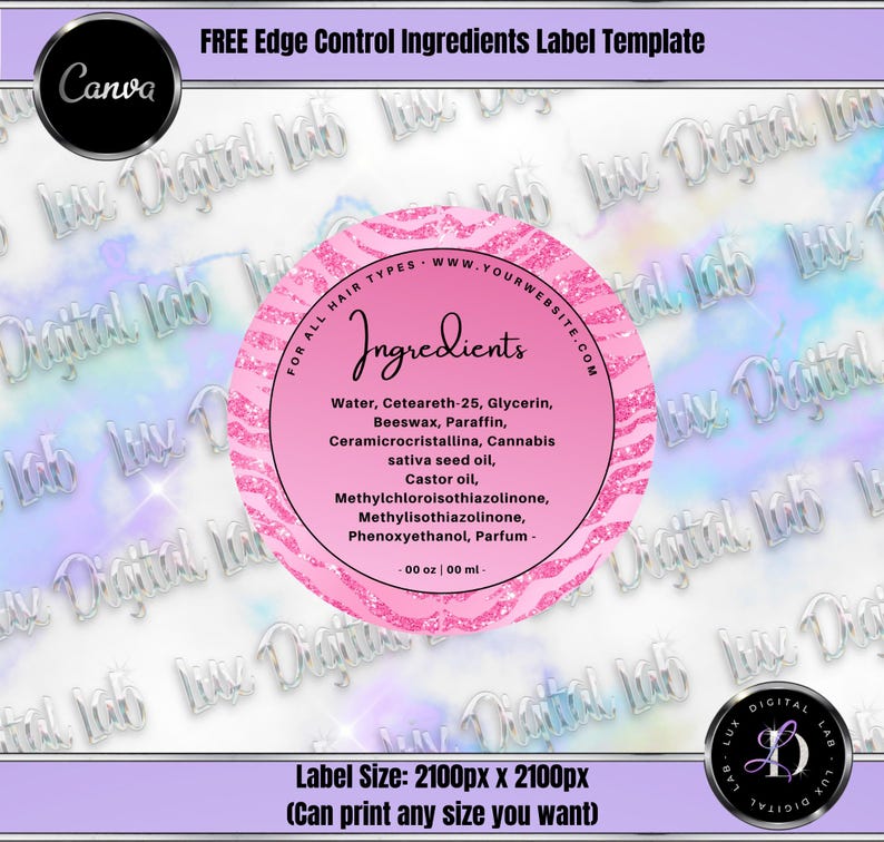 Pink Glitter Zebra Print EDGE CONTROL Label Template - Etsy