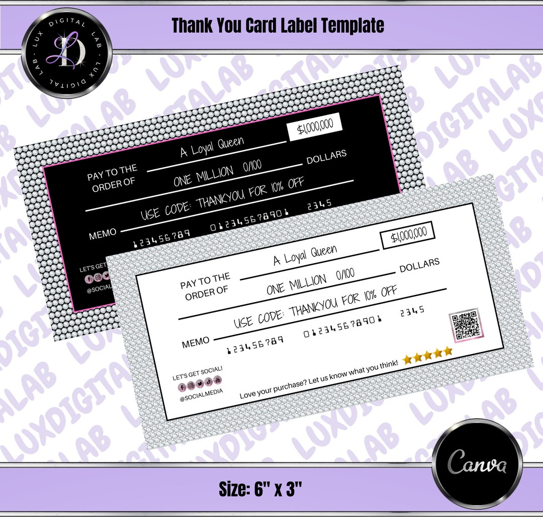 Diamond Check Thank You Card Template - Etsy