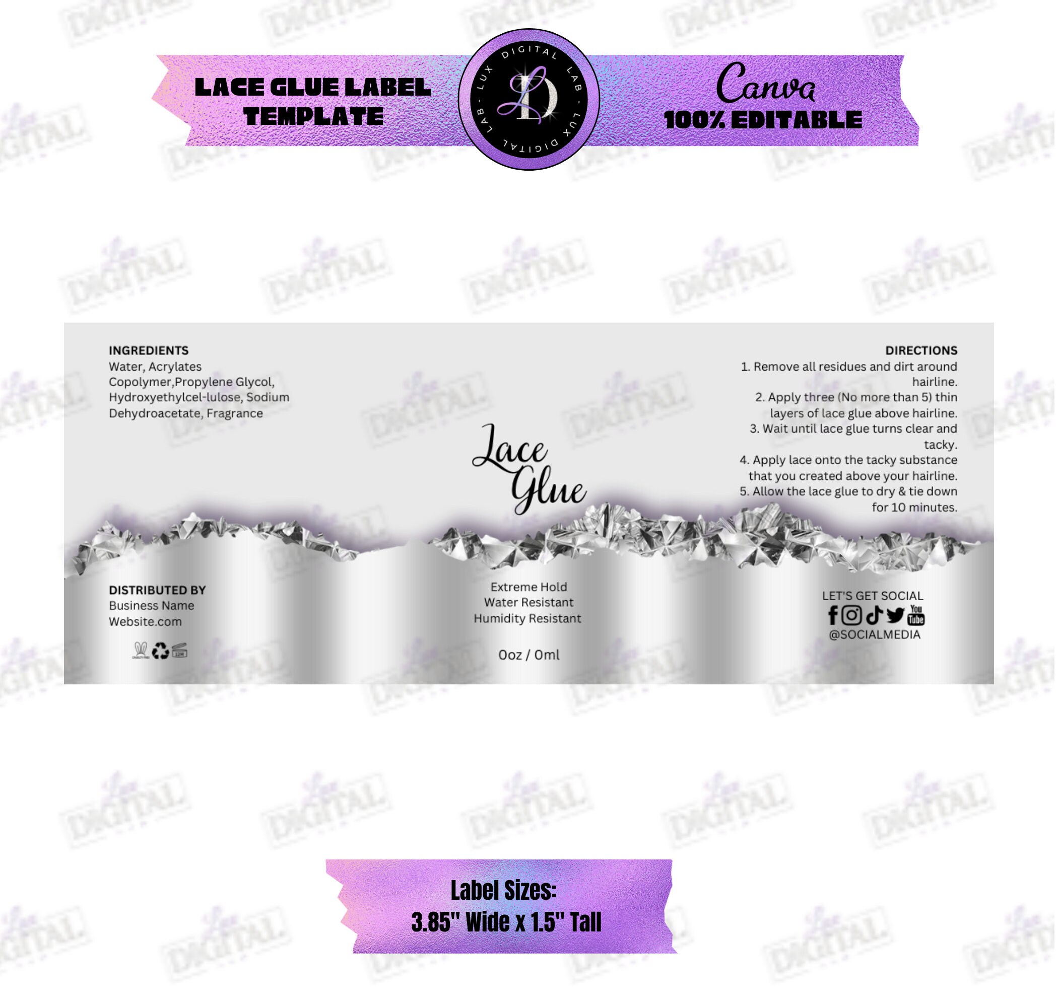 Silver Crystals Editable Lace Glue Label Template - Etsy