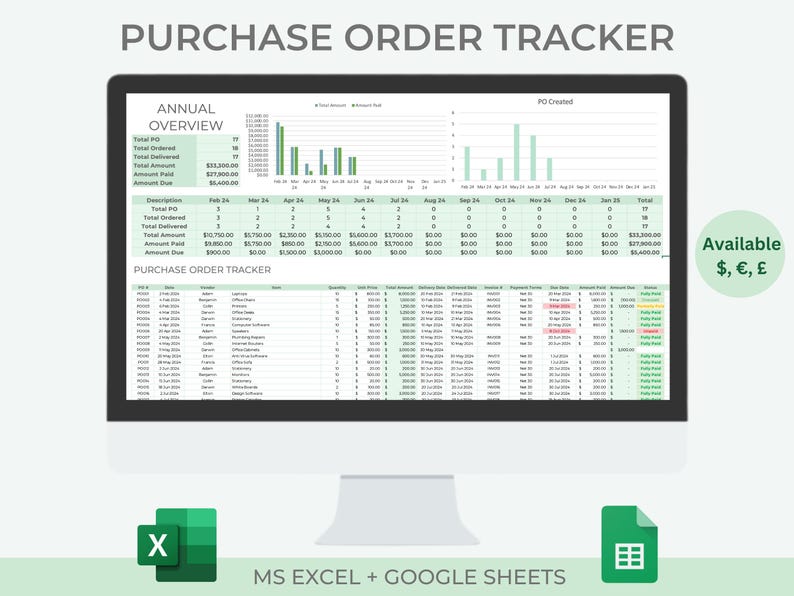 Purchase Order Tracker Spreadsheet | Order Delivery Tracker | Payment Tracker | Excel + Google ...