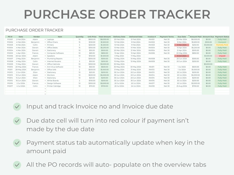 Purchase Order Tracker Spreadsheet | Track Orders, Deliveries & Payments | Google Sheets - Etsy