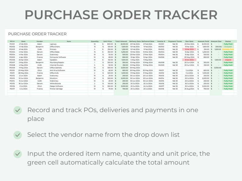 Purchase Order Tracker Spreadsheet | Order Delivery Tracker | Payment ...