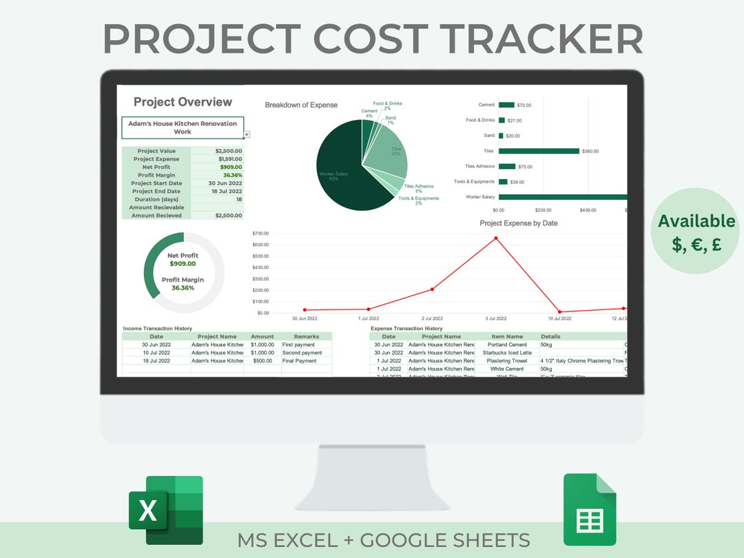Project Cost Tracker | Project Management | Bookkeeping | Excel ...