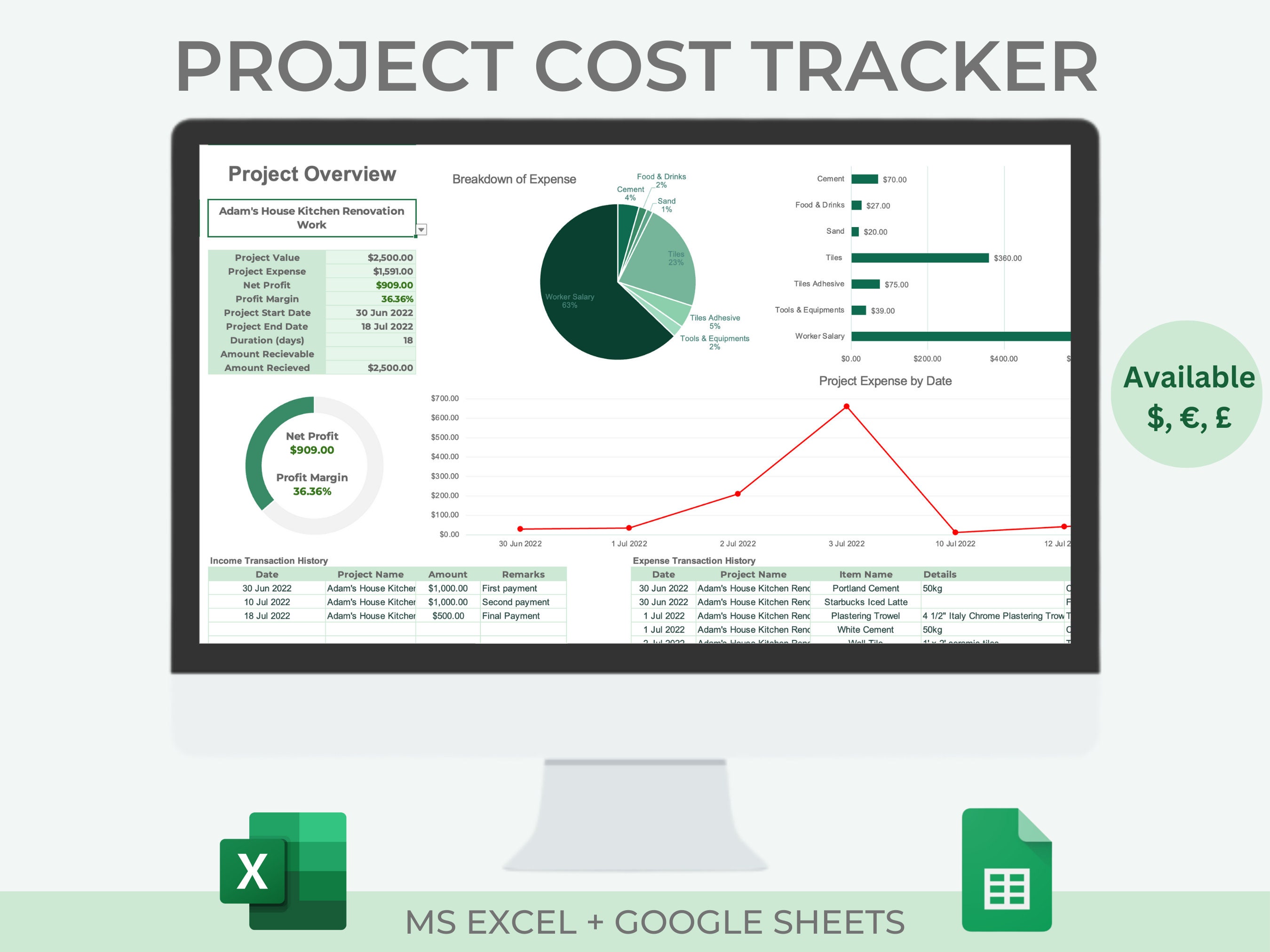 Project Cost Tracker | Project Management | Bookkeeping | Excel ...