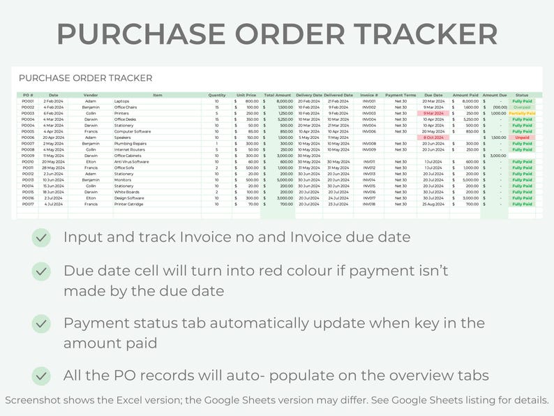 Purchase Order Tracker Spreadsheet | Order Delivery Tracker | Payment ...