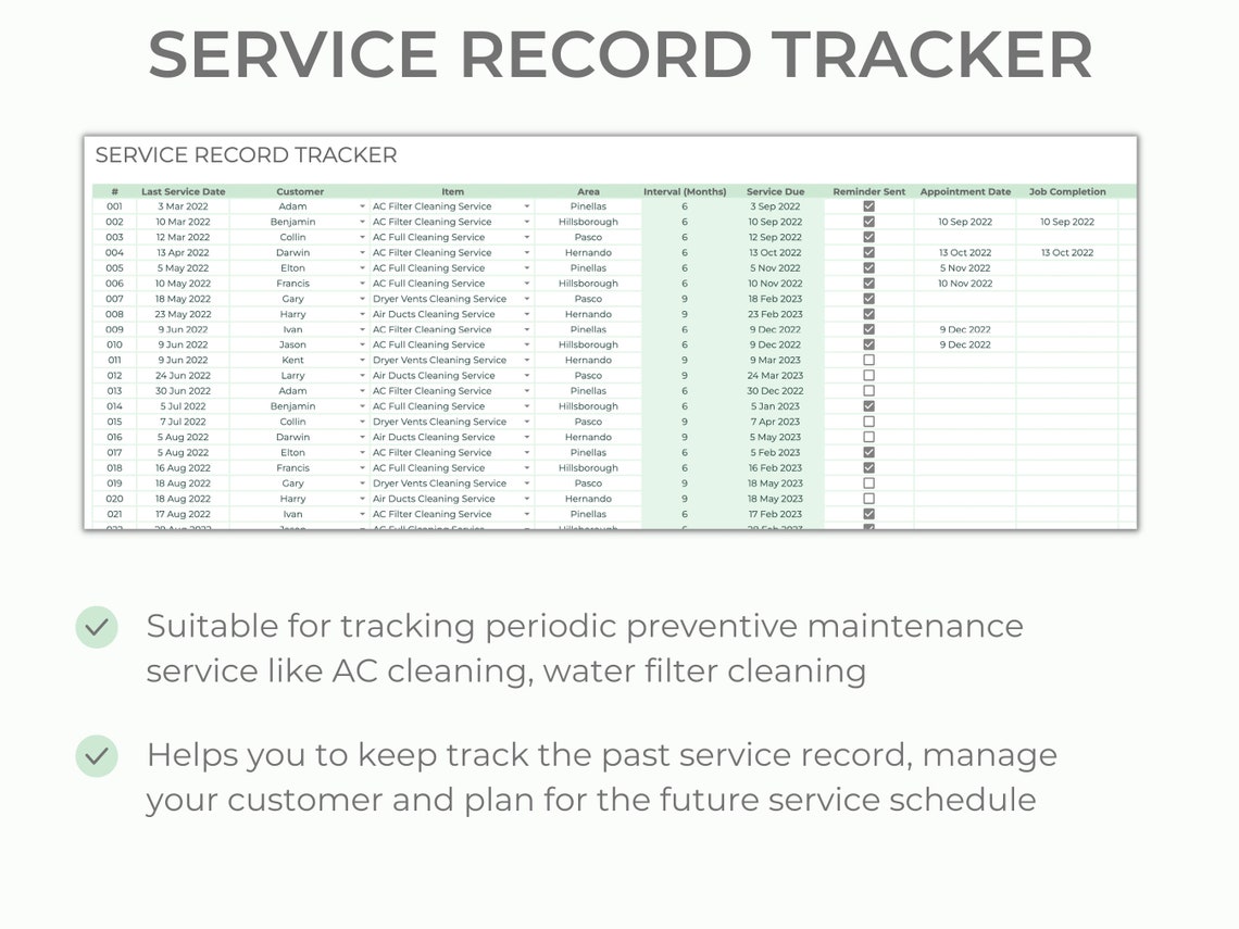 Service Record Tracker | Client Management Google Sheets (digital ...