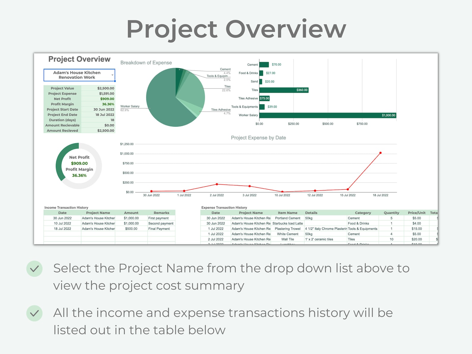 Project Cost Tracker | Project Management | Bookkeeping | Google Sheets ...