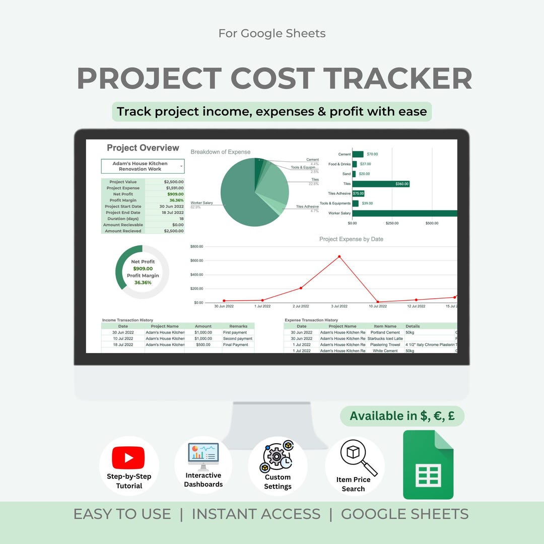 Project Cost Tracker | Project Management | Bookkeeping | Google Sheets ...