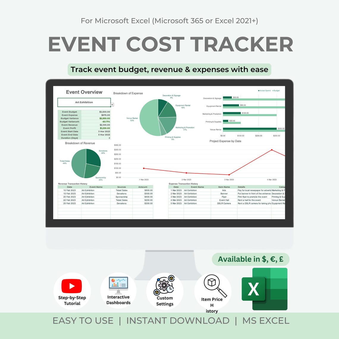 Event Budget & Expense Tracker | Excel Bookkeeping Spreadsheet | Event ...