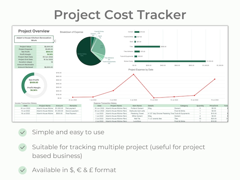 Project Cost Tracker | Project Management | Bookkeeping | Excel ...