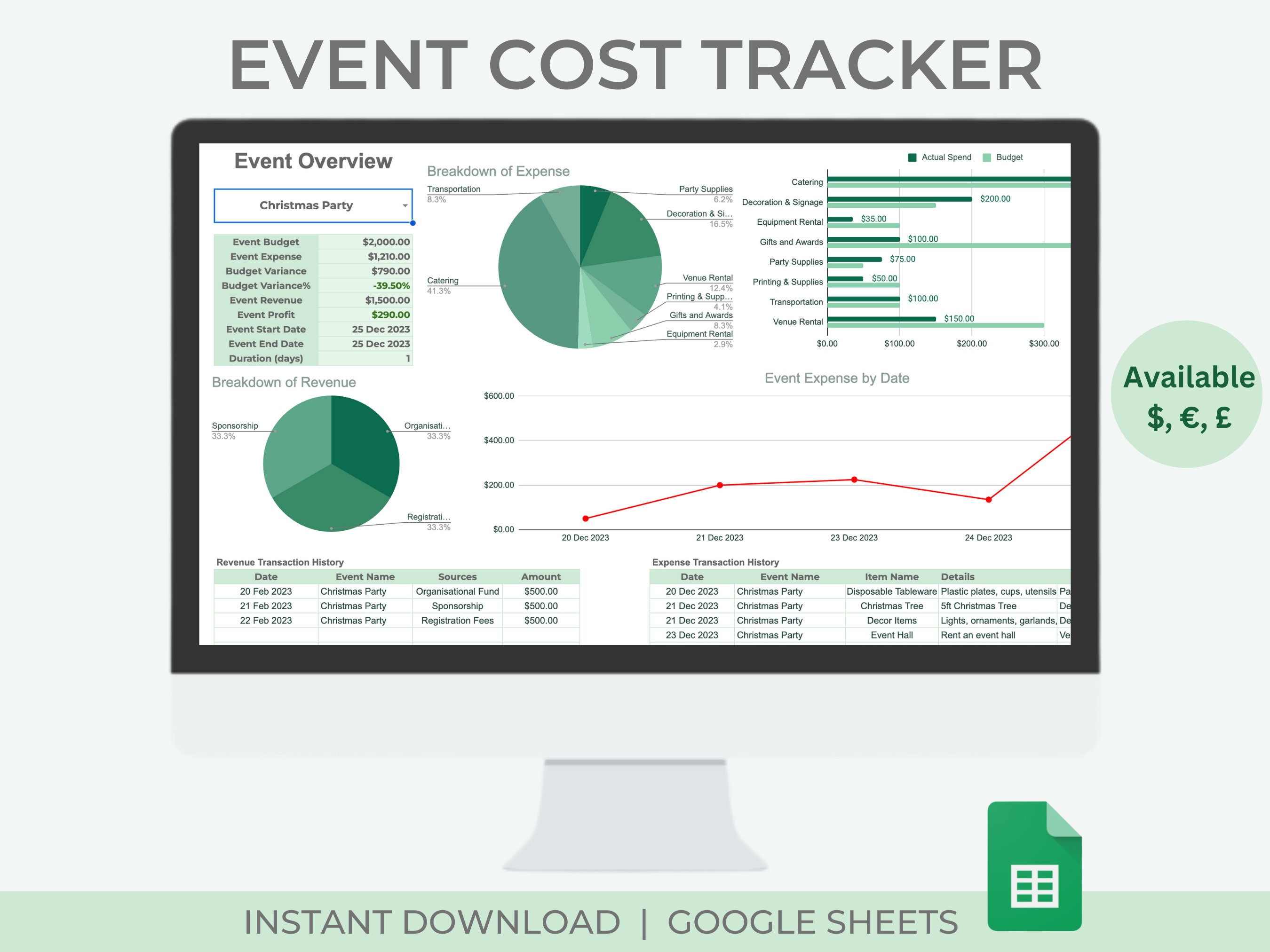 Event Cost Tracker | Event Management | Bookkeeping | Google Sheets - Etsy