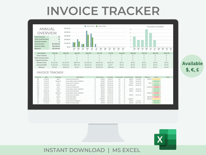 Invoice Tracker Spreadsheet | Annual Invoice Tracker | Invoice Template ...