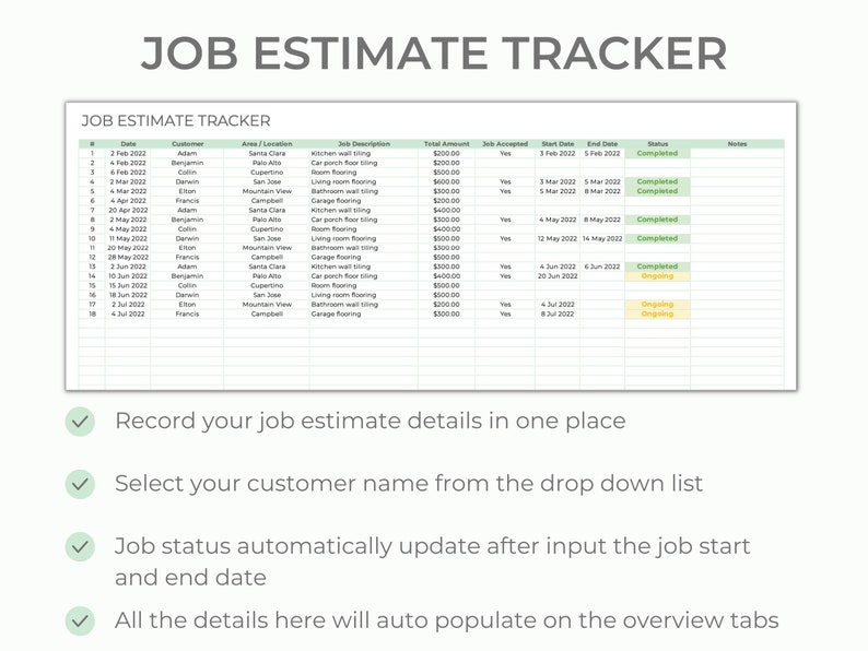 Job Estimate Tracker Job Estimate Template Excel - Etsy