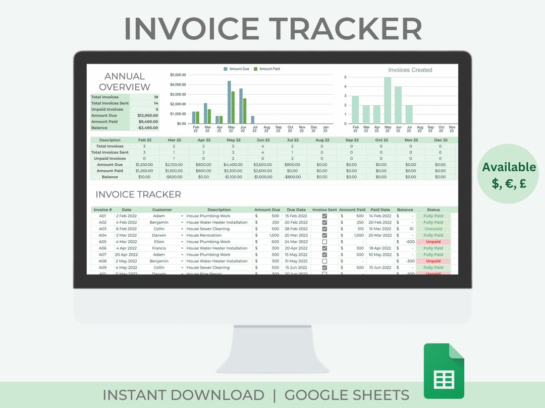 Invoice Tracker Spreadsheet | Annual Invoice Tracker | Invoice Template ...