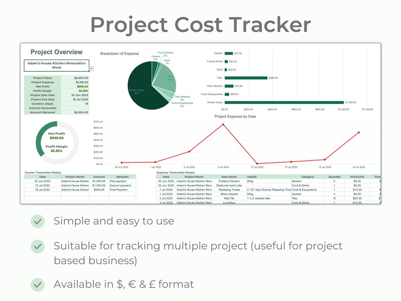 Project Cost Tracker | Project Management | Bookkeeping | Excel - Etsy