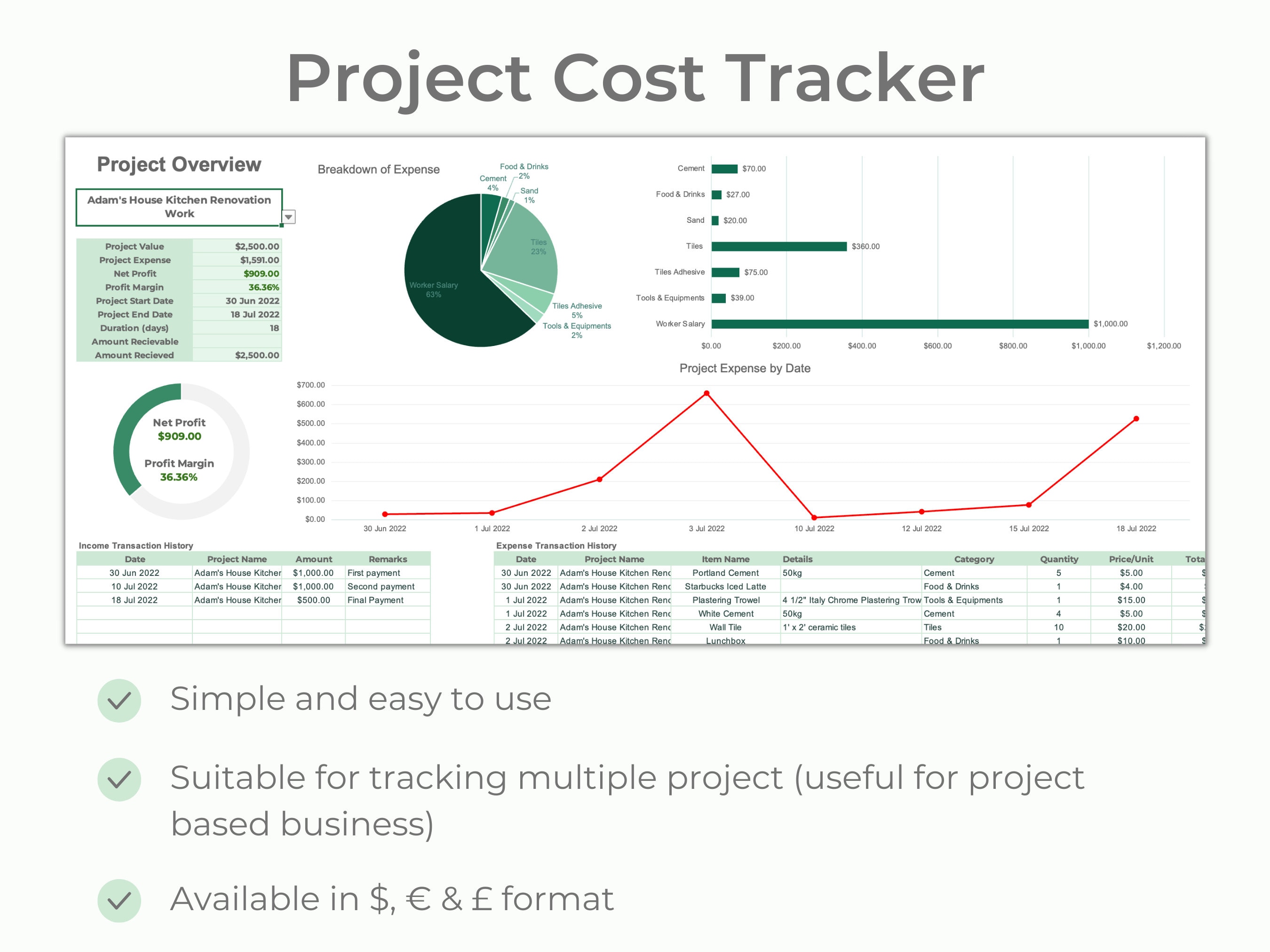 Project Cost Tracker | Project Management | Bookkeeping | Excel - Etsy