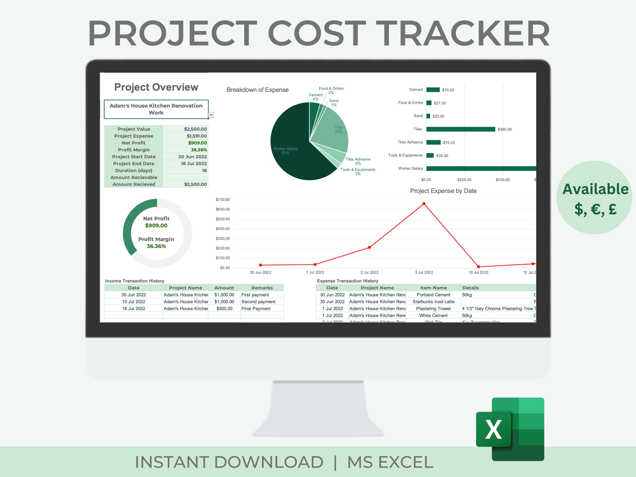 Project Cost Tracker | Project Management | Bookkeeping | Excel - Etsy