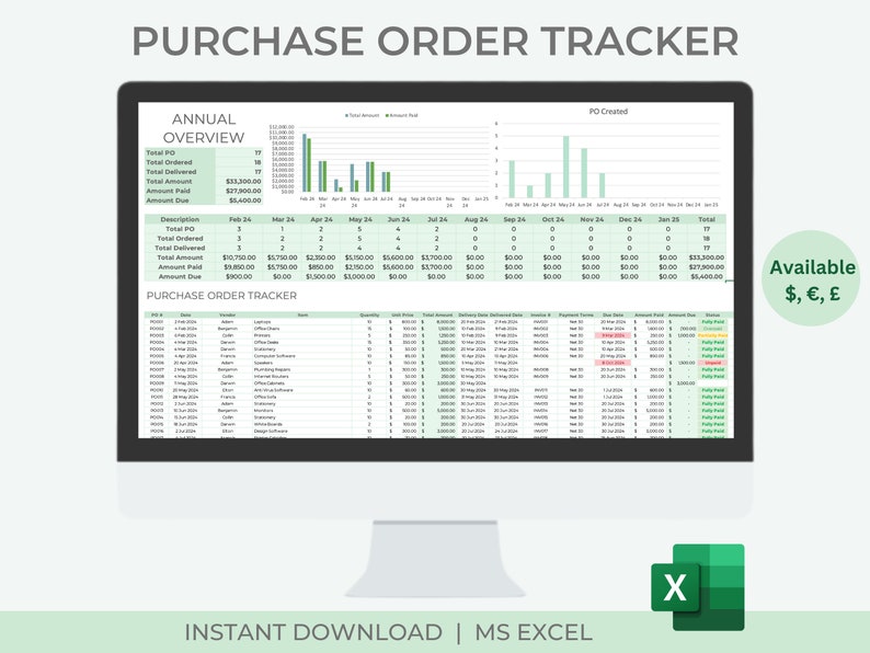 Purchase Order Tracker Spreadsheet | Order Delivery Tracker | Payment Tracker | Excel - Etsy