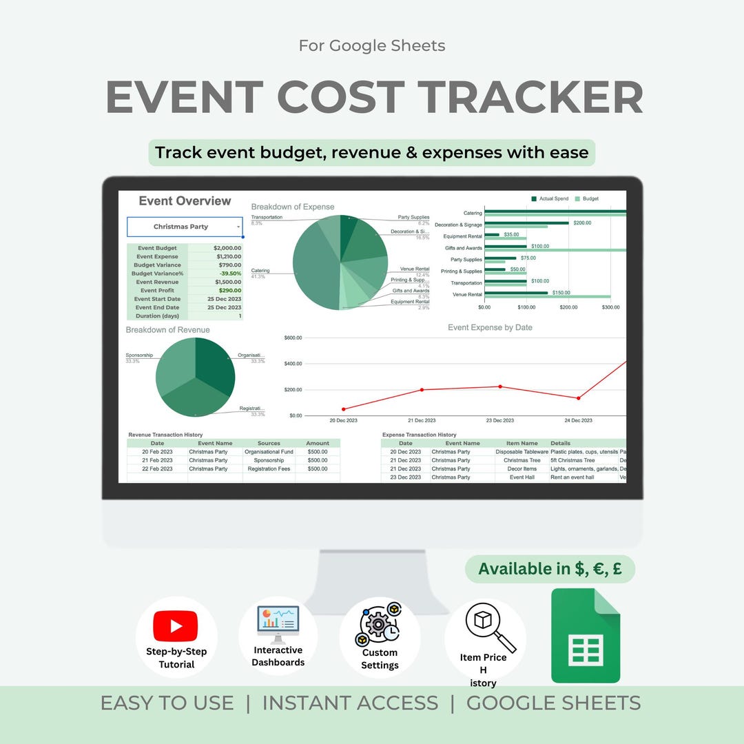 Event Cost Tracker | Event Management | Bookkeeping | Google Sheets - Etsy