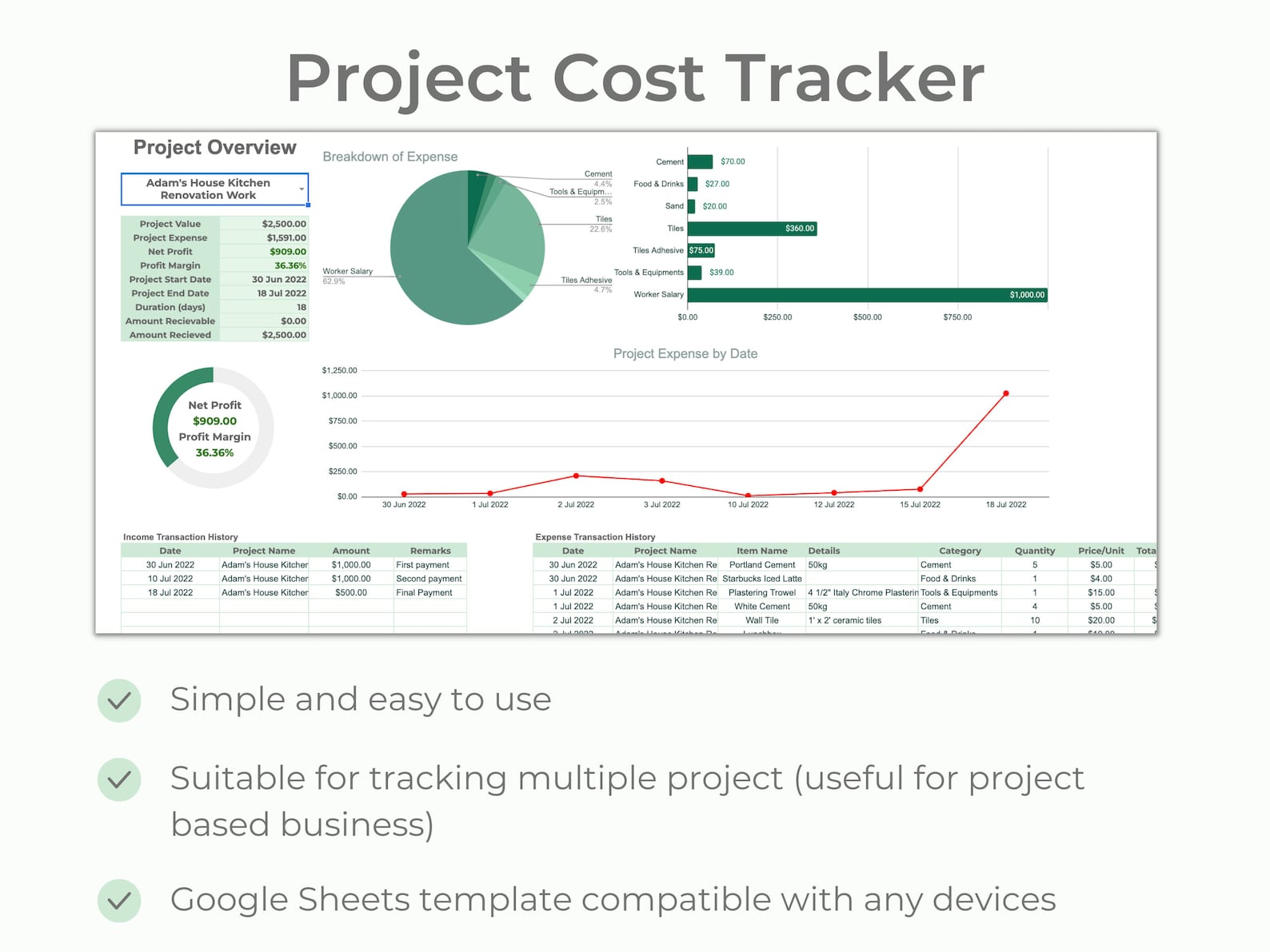 Project Cost Tracker | Project Management | Bookkeeping | Google Sheets ...