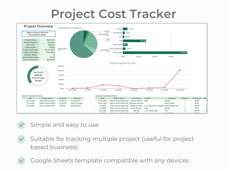 Project Cost Tracker | Project Management | Bookkeeping | Google Sheets ...