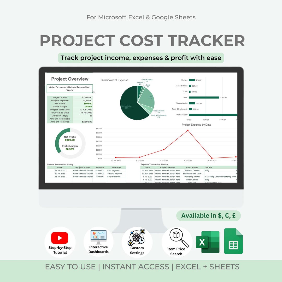 Project Cost Tracker | Project Management | Bookkeeping | Excel ...