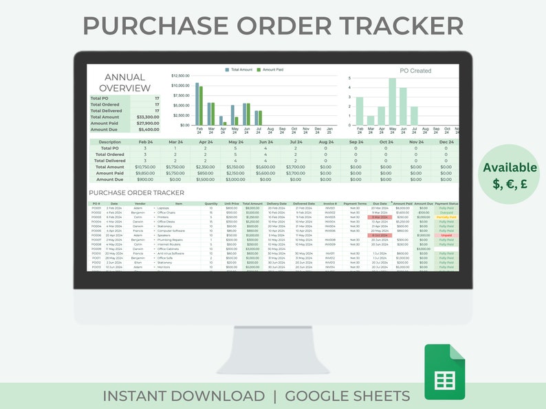 Purchase Order Tracker Spreadsheet | Track Orders, Deliveries & Payments | Google Sheets - Etsy